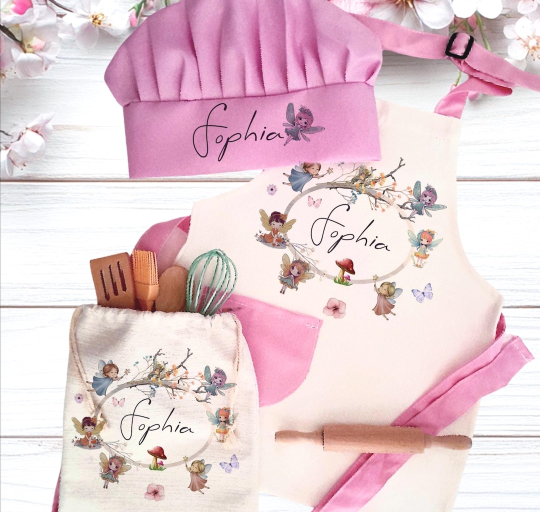 Personalised Kids Linen Style Apron Chef Hat, Fairy Print Set, Kitchen ...