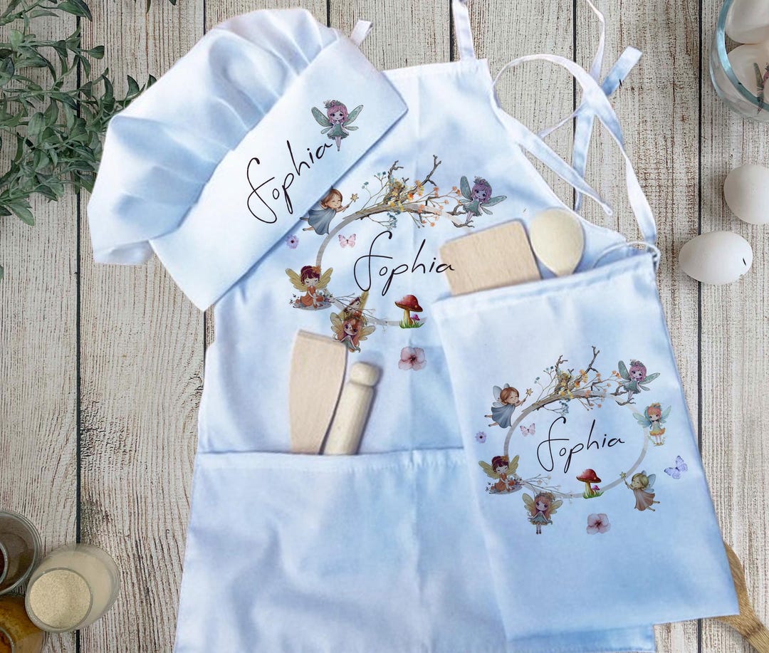 Personalised Kids Apron Chef Hat, Fairy Print Set, Kitchen Pinny ...