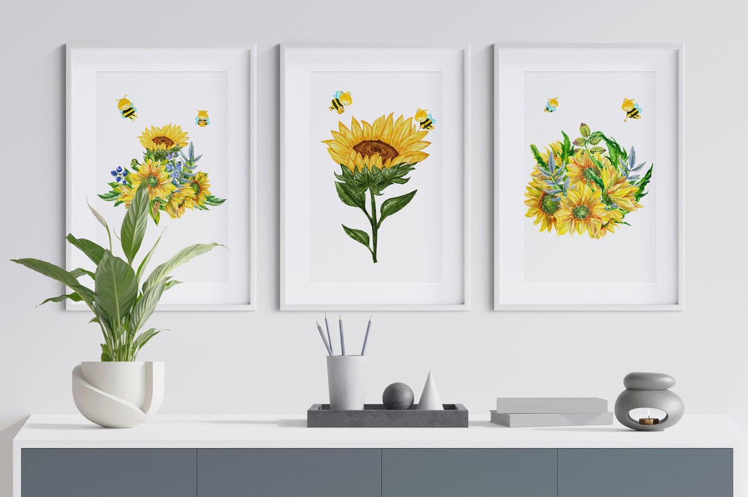 Watercolor Sunflower Art Prints Set of 3, Living Room Pictures ,wall ...