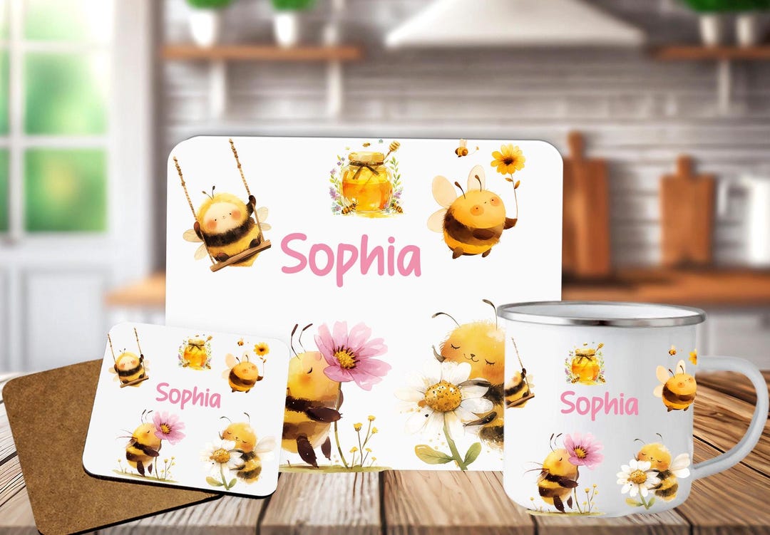 Personalised Kids Bees Theme Place Mat Coaster Set Table Wear, Toddler ...