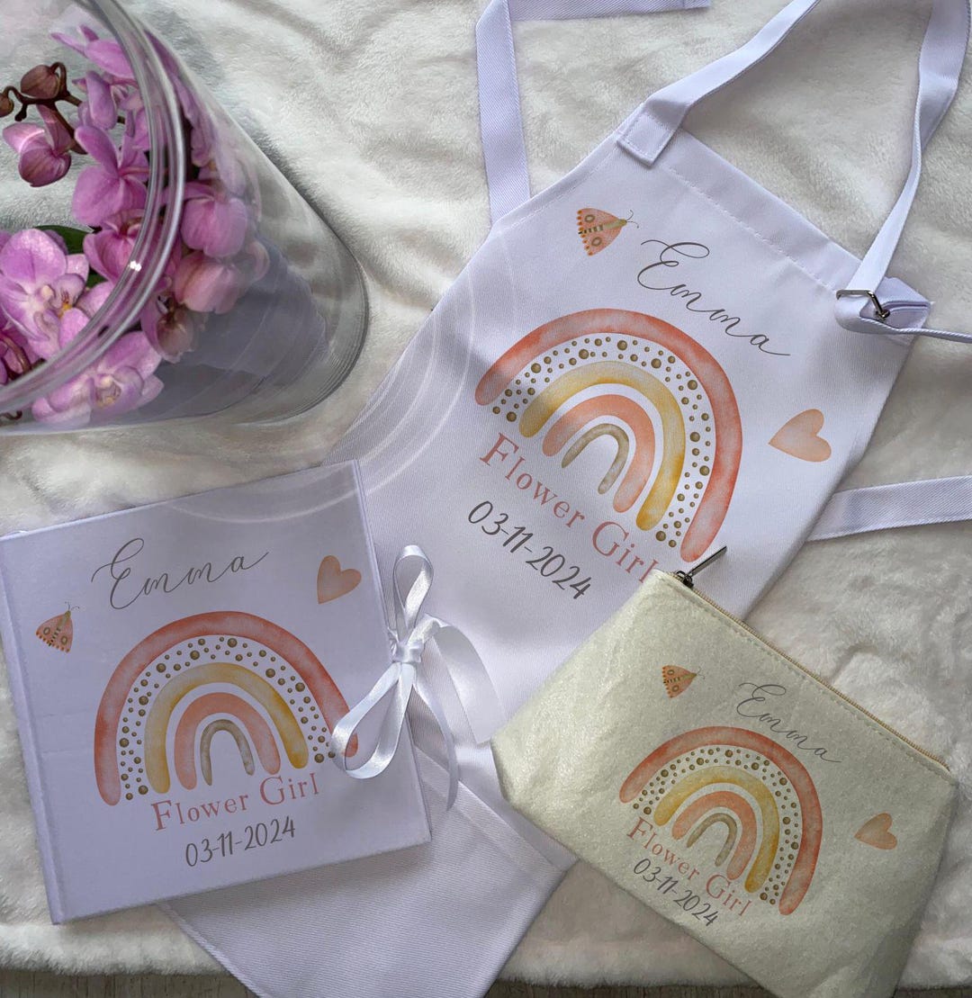 PERSONALISED Flower Girl Apron Gift Set, Rainbow Print Make up Bag ...