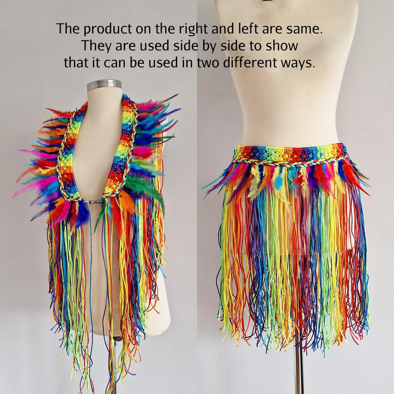 Rati Rainbow Macrame Skirt-cape, Tassel and Feather Skirt / Cape ...