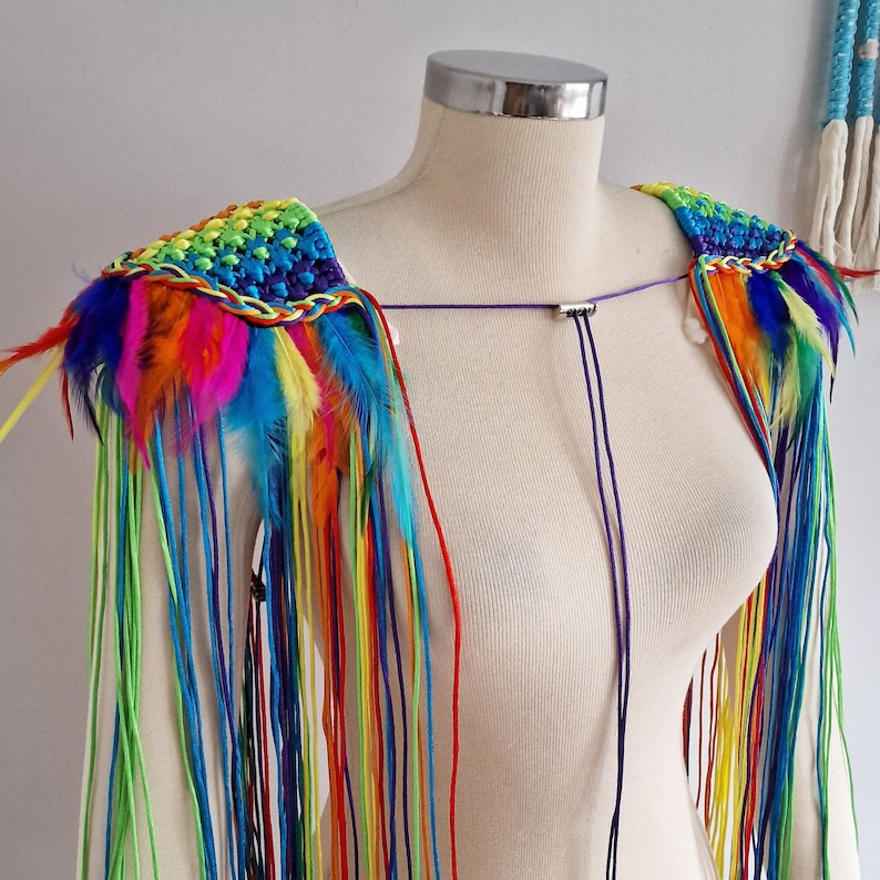 Rati Rainbow Shoulder Accessory, Long Tassel and Feather Epaulette ...