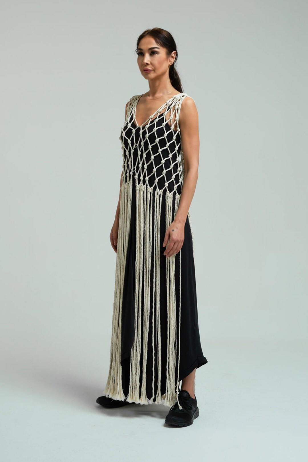 Macrame Long Vest Color Beige, Knitting Dress, Makramee-kleid, Handmade ...