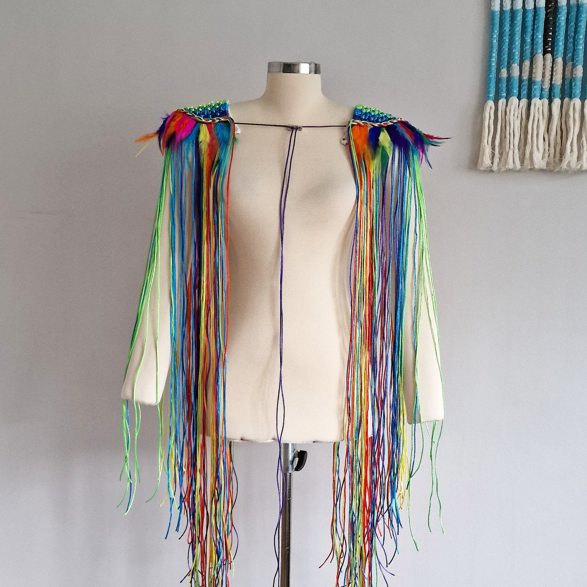Rati Rainbow Shoulder Accessory, Long Tassel and Feather Epaulette ...