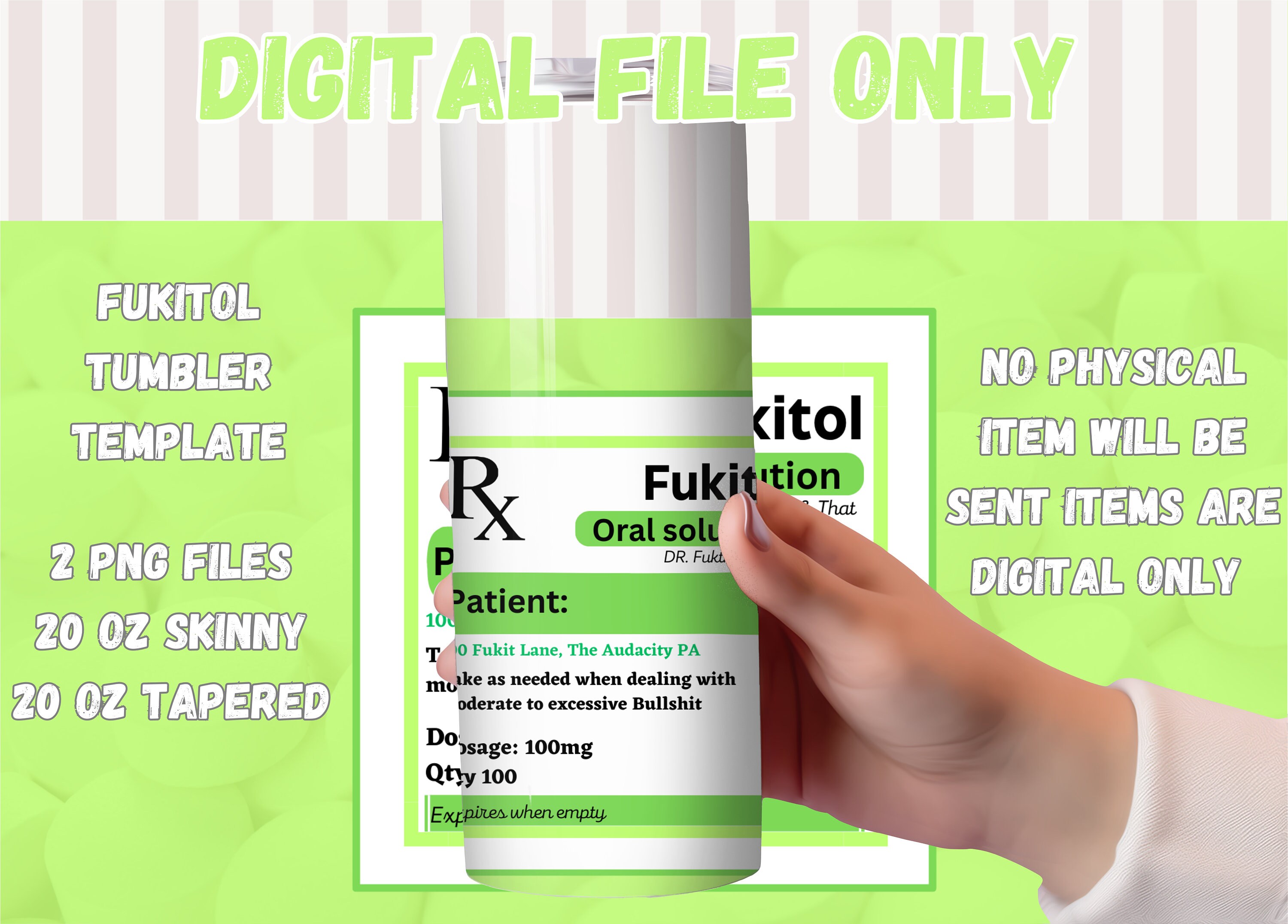 Lime Green Fukitol Pill Bottle Tumbler Wrap Template for 20oz Tapered ...