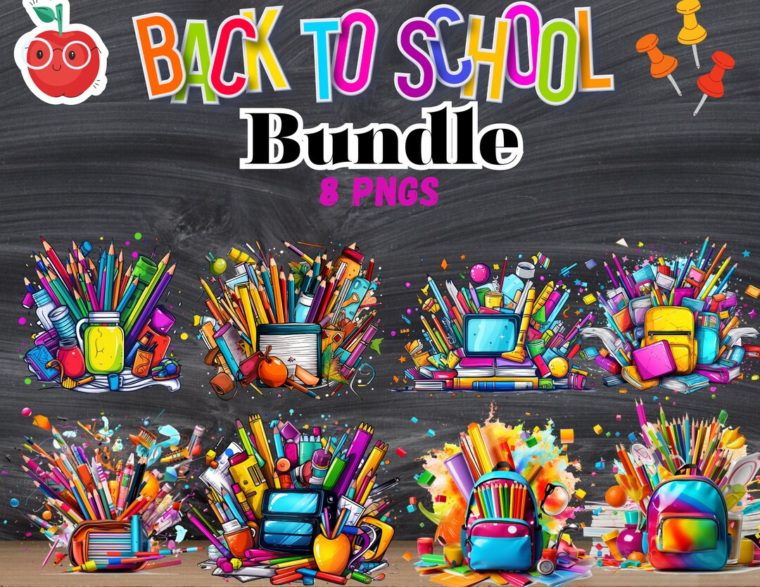 8 Back to School PNG / School Supplies Designs / Clip Art / Sublimation ...