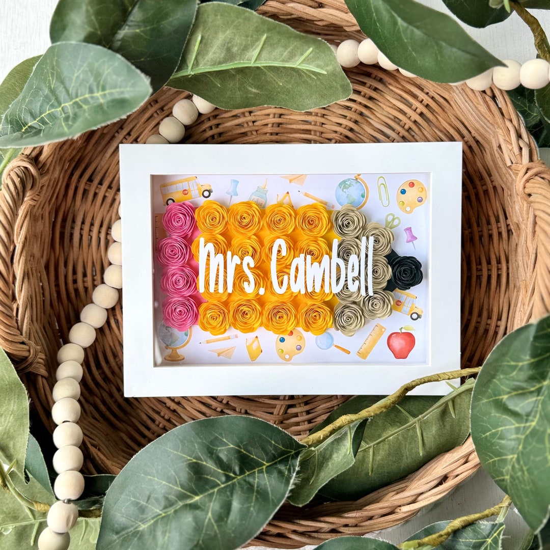 Personalized Teacher Shadow Box Frame With Name, Pencil Shape Desk ...