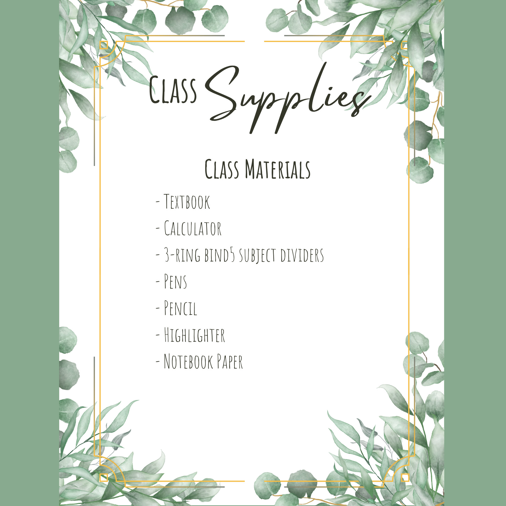 Editable School Supply List *digital Download* | Greenery Pattern - Etsy