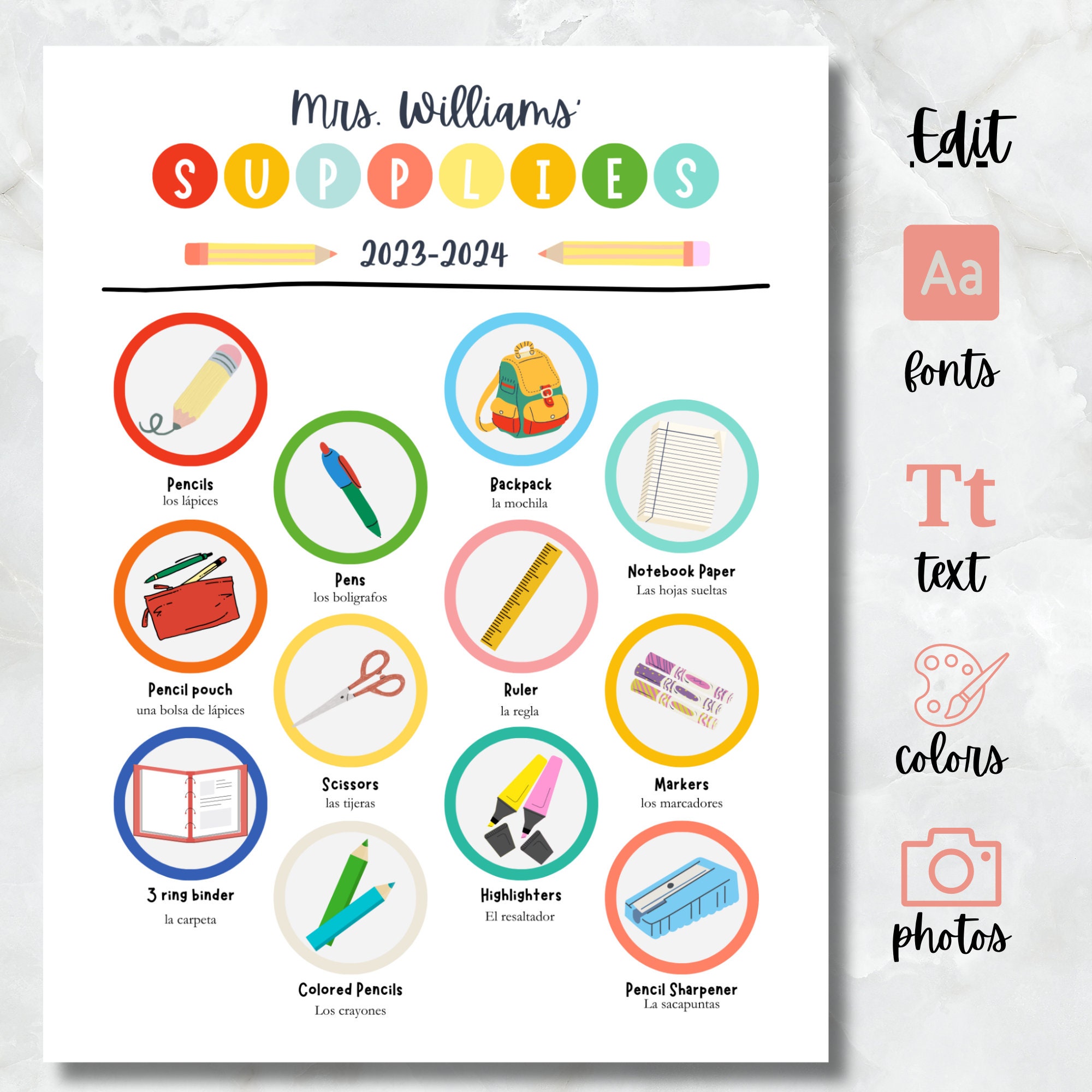 Editable School Supply List *digital Download* | Spanish Translations ...