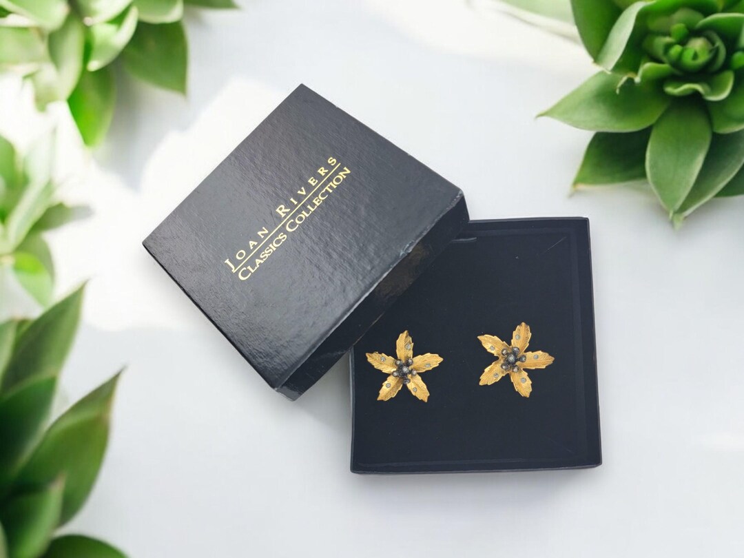 Vintage Joan Rivers Large Flower Earrings | Gold Tone Rhinestone Floral ...