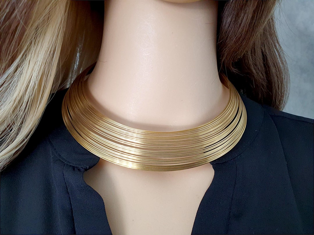 Multi Strand Gold Tone Wire Collar Necklace | Wide Statement Torque ...