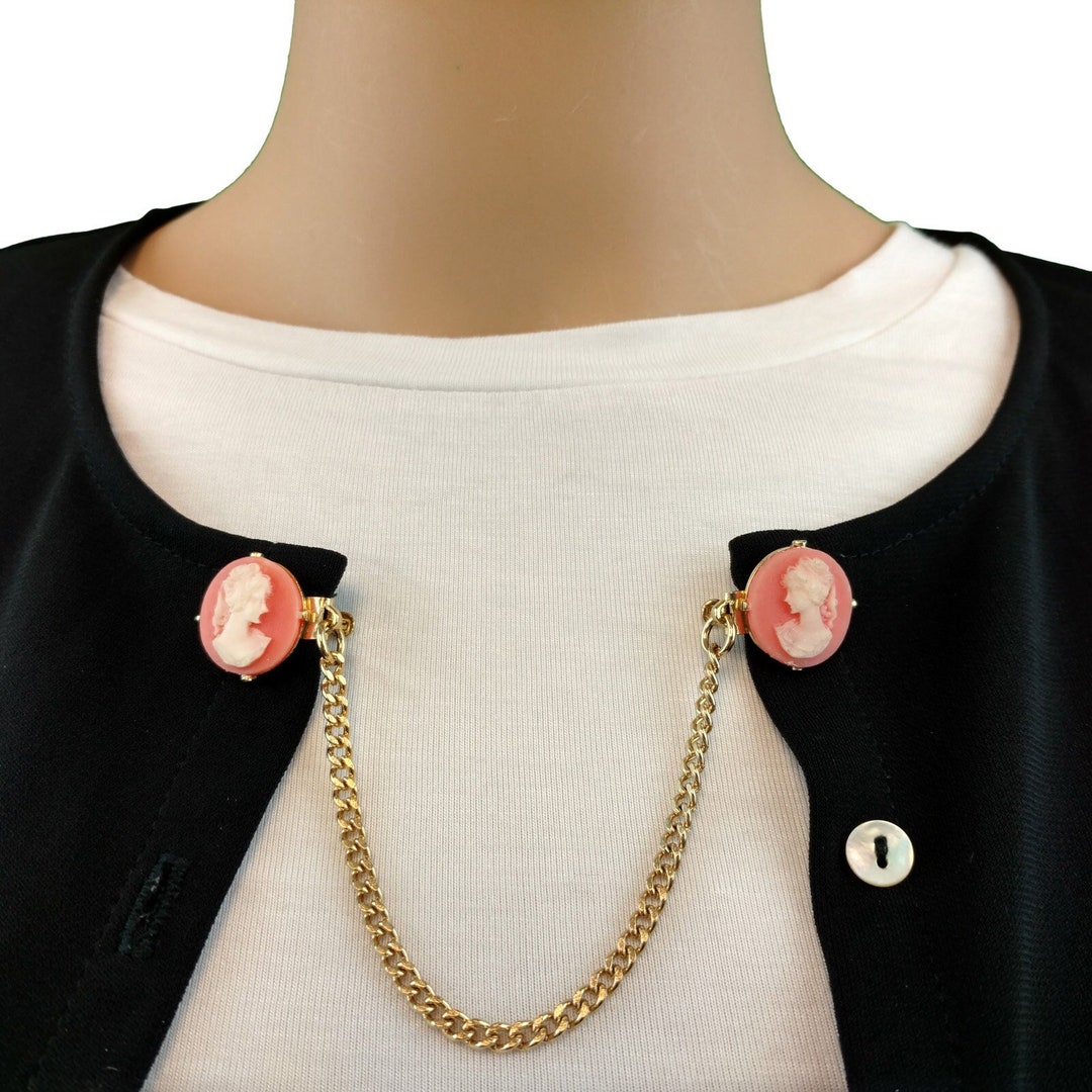 Light Pink Cameo Sweater Clips Gold Tone Curb Chain Sweater Guard Clip ...
