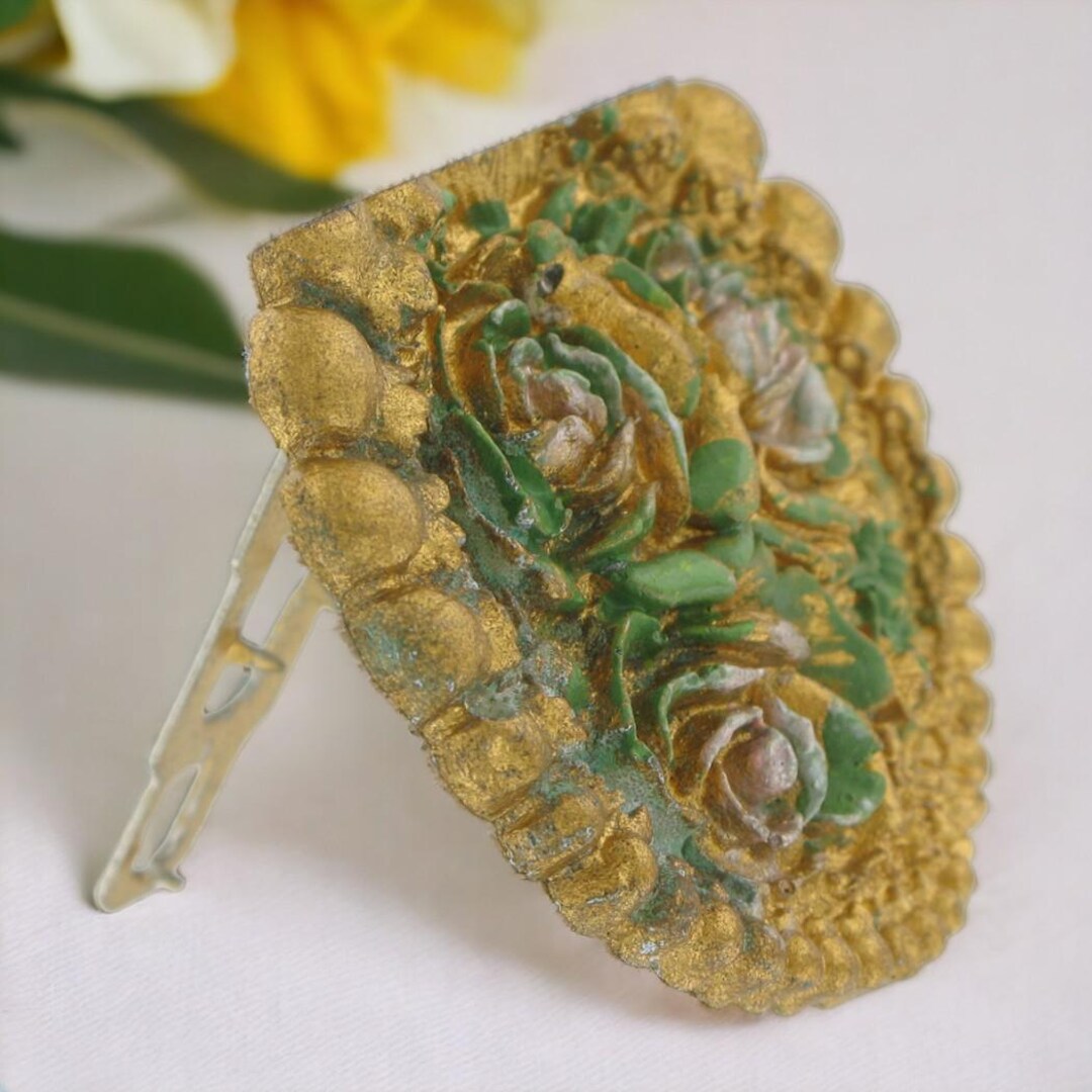 Vintage Painted Floral Rose Dress Fur Clip | Gilt Gold Tone | Womens ...