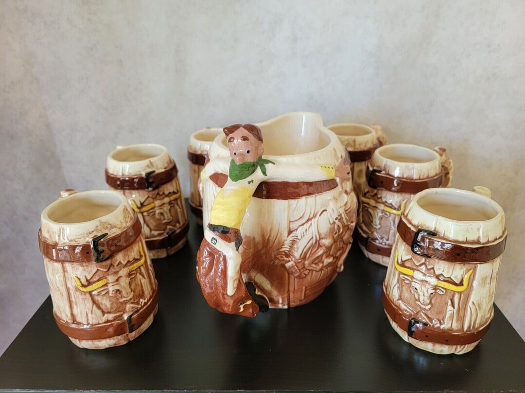 Rare Twin Winton Open Range Cowboy Pitcher With 6 Steer Mug Set ...