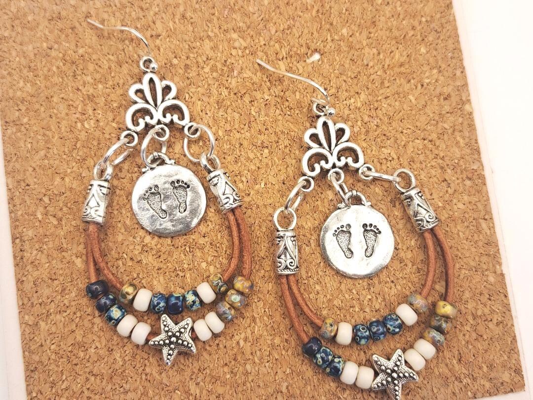 Boho Footprint Earrings, Beaded Starfish Dangle Earrings, Silver Plated ...