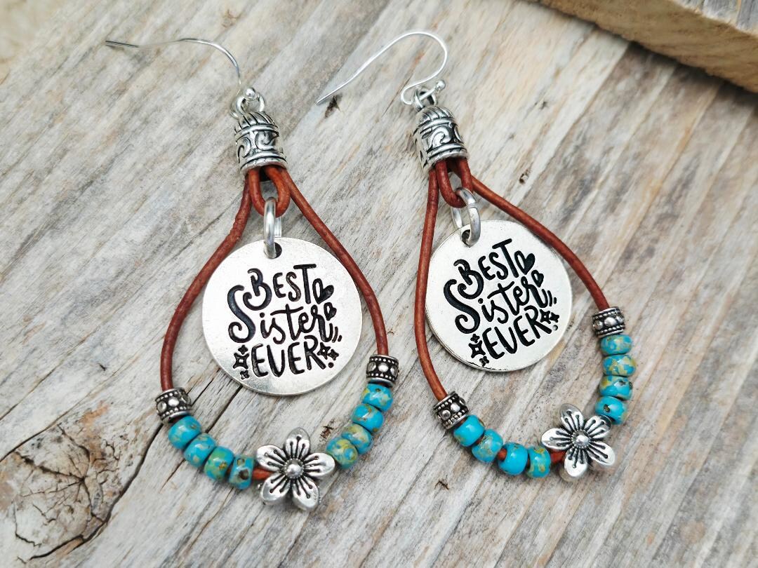 Sister Gift Earrings, Bohemian Leather Teardrop With Sister Charm ...