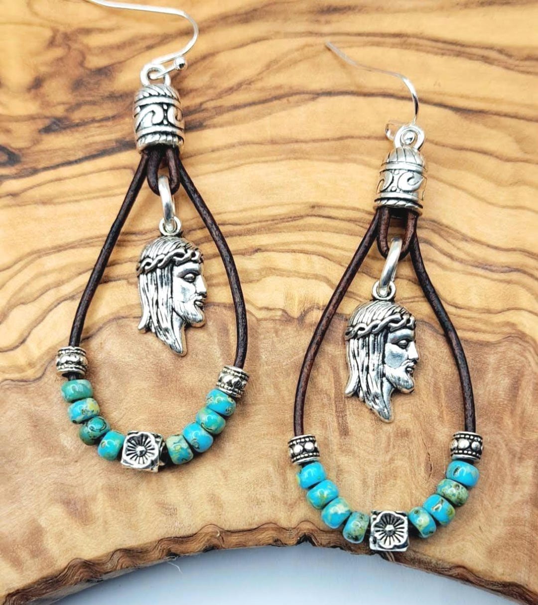 Christian Charm Earrings: Jesus Face, Turquoise Picasso Beads, Leather ...