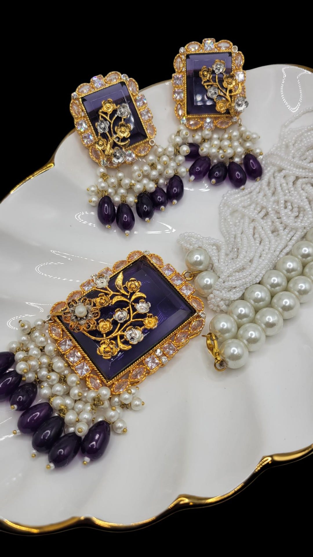 Pearl Mala Set/pearl Necklace Set/purple Pendant Necklace Set - Etsy