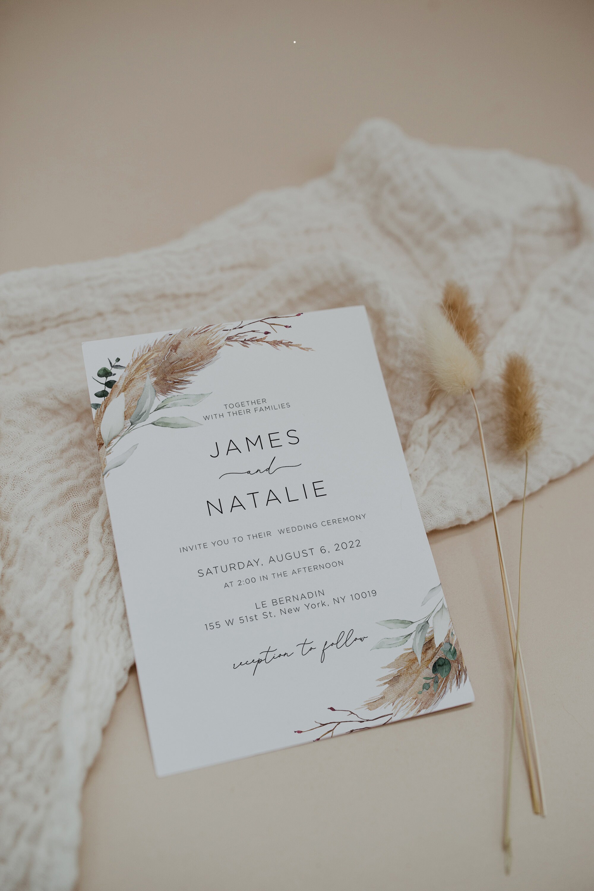 Boho Wedding Invitation Template Pampas Grass Wedding Invitation ...