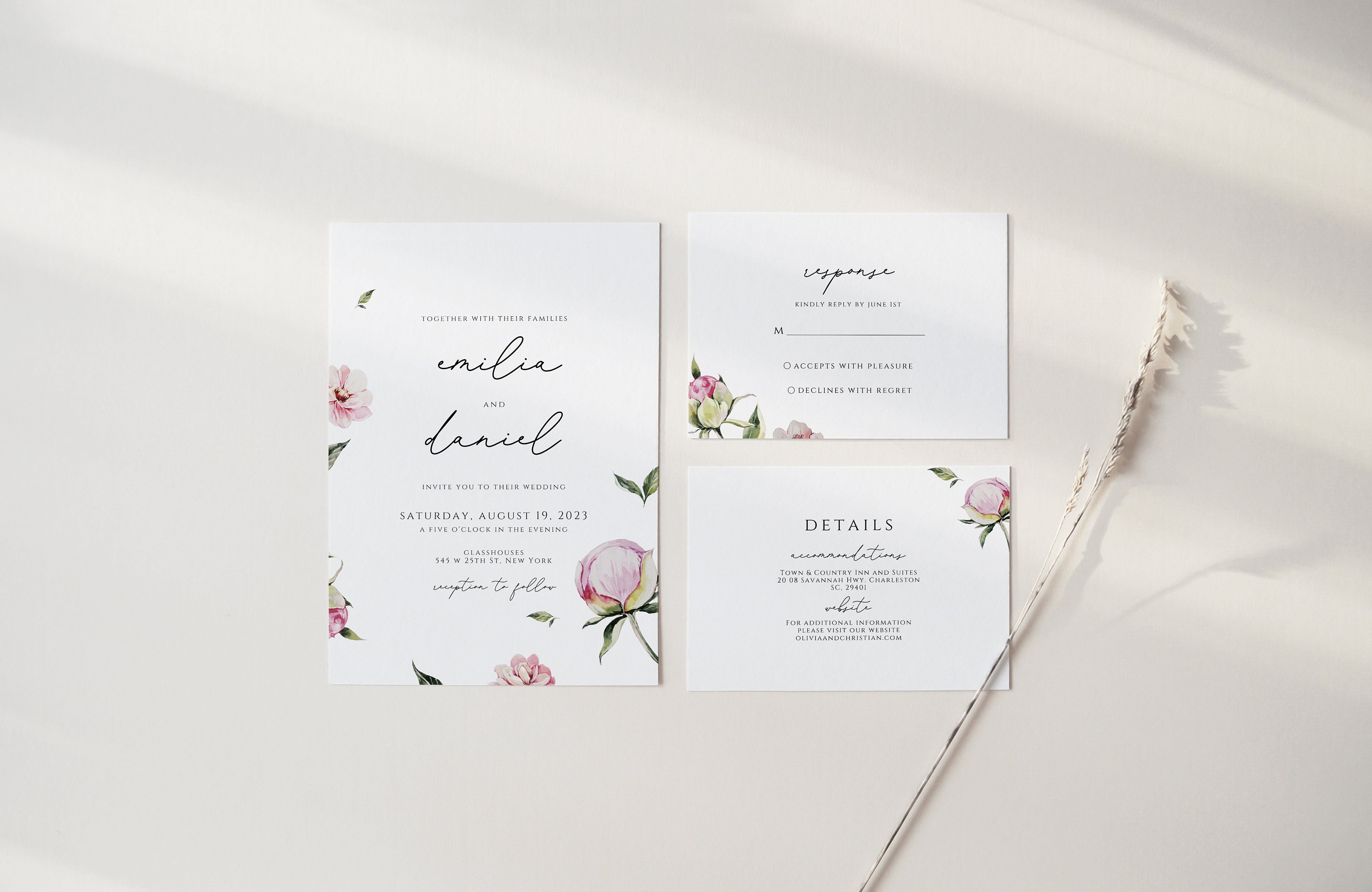 Pink Peony Wedding Invitation Suite Template, Watercolor Greenery ...