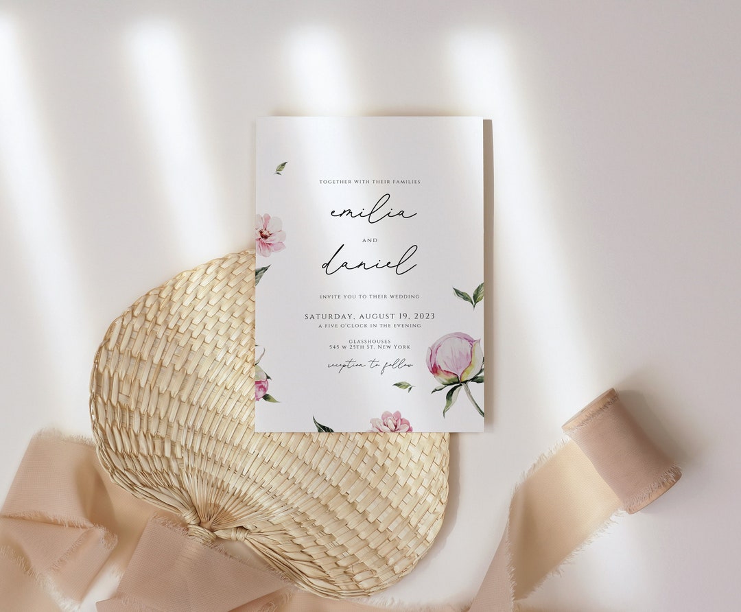 Pink Peony Wedding Invitation Suite Template, Watercolor Greenery ...