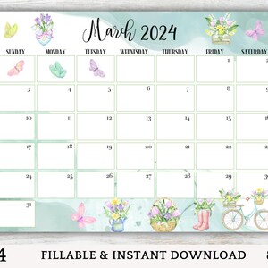 Editable March 2024 Calendar Printable Calendar Fillable Editable ...