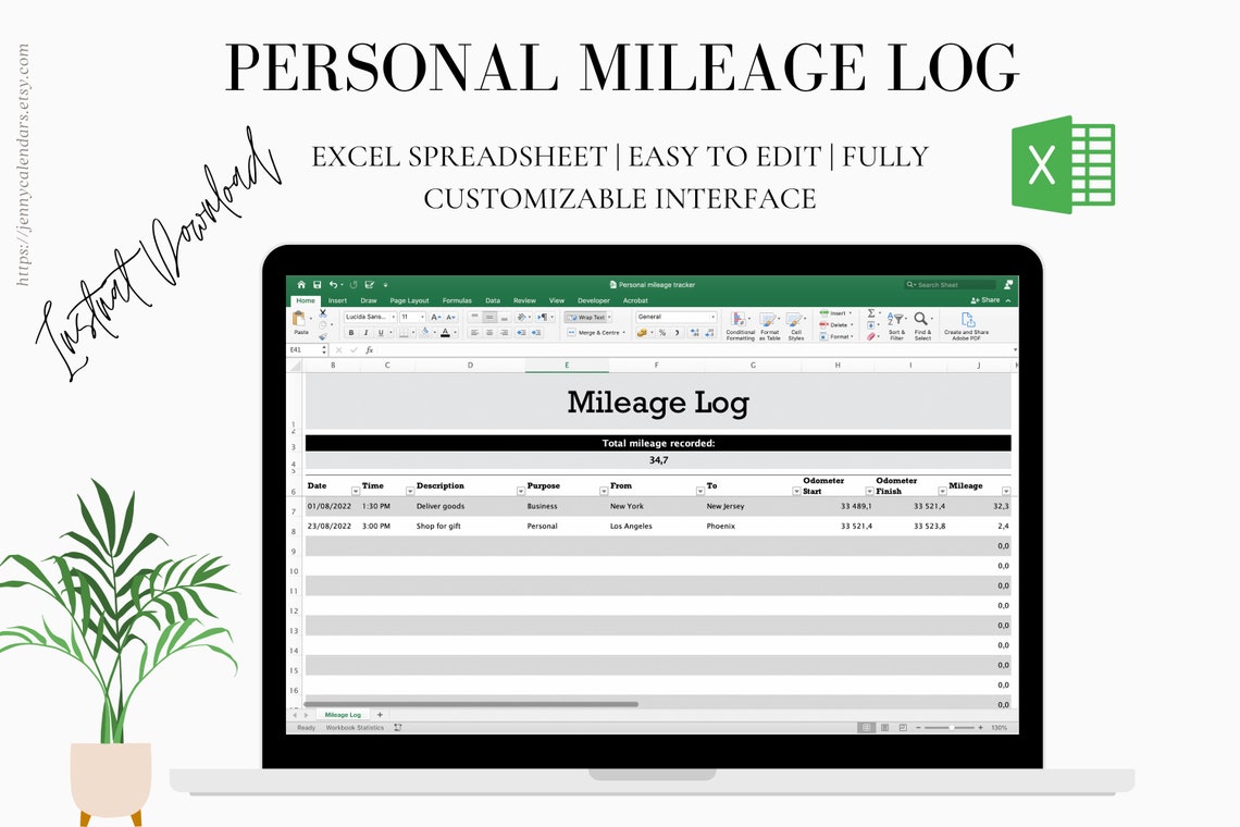 Personal Mileage Spreadsheet | Mileage Tracker | Miles Log | Miles ...