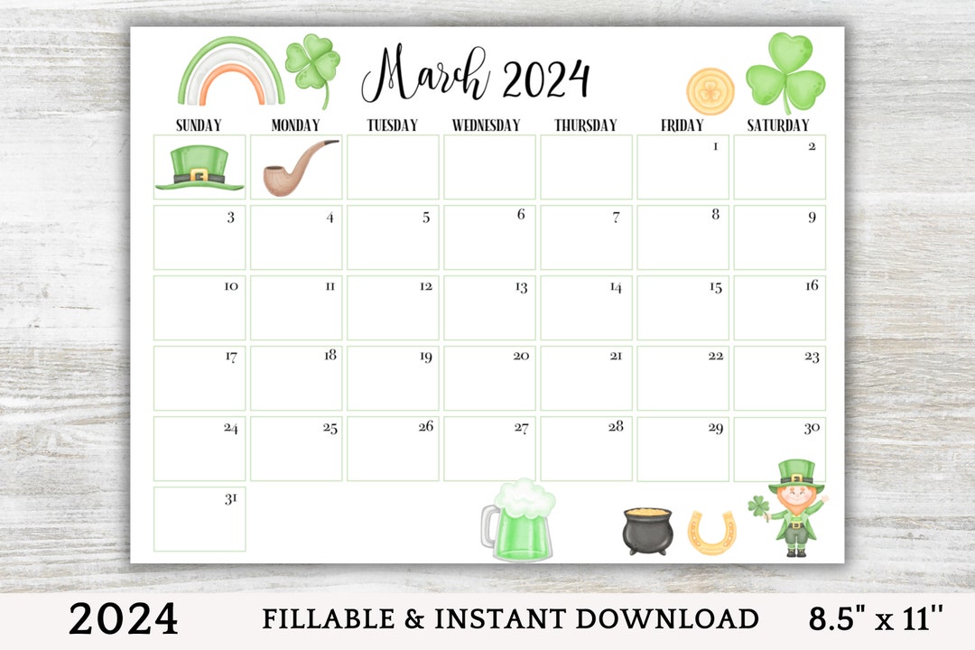 Editable March 2024 Calendar Printable Calendar Fillable Editable ...