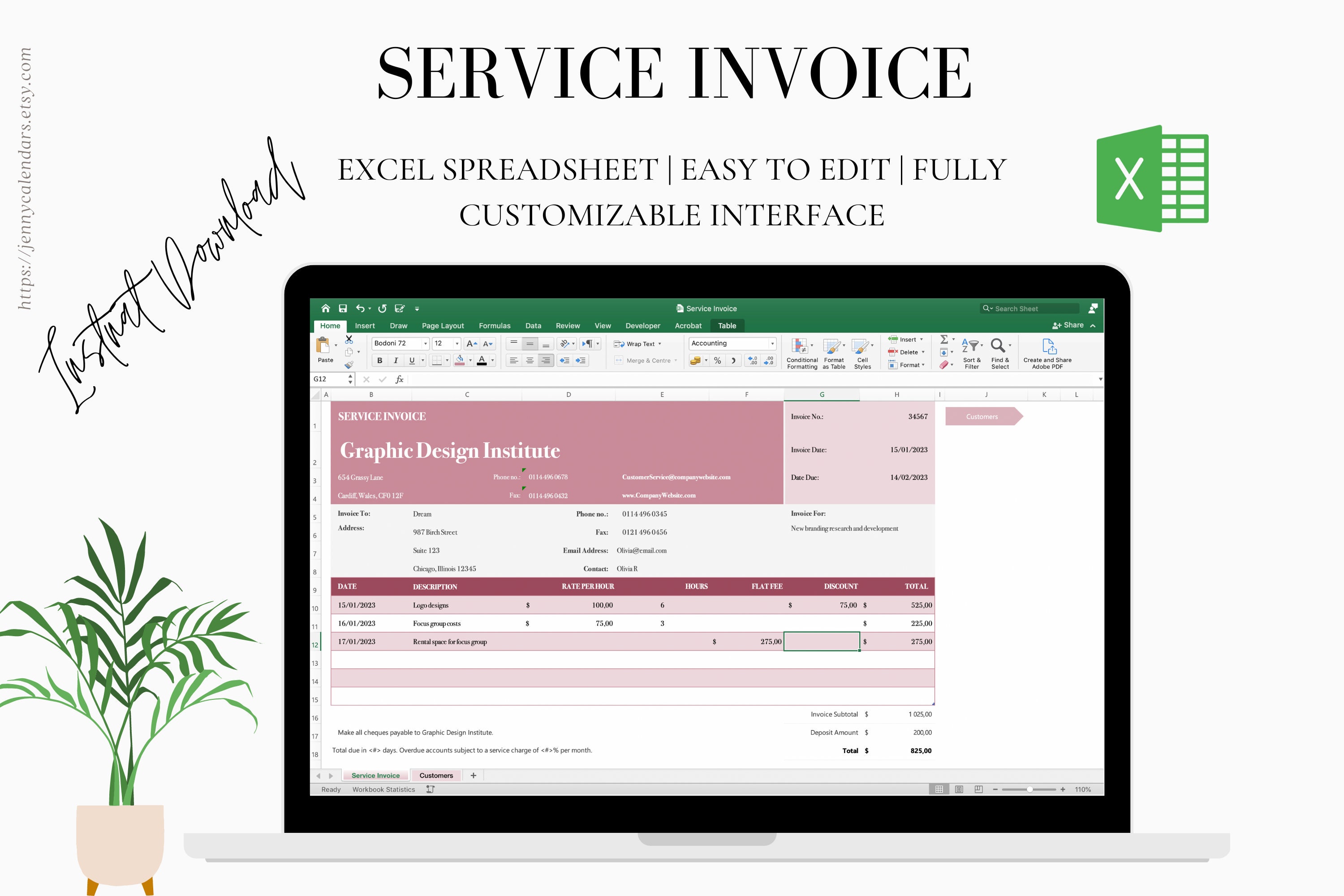Service Invoice Spreadsheet | Excel Invoice Template | Business ...