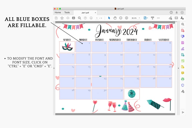 Editable January 2024 Calendar Printable Calendar Fillable Editable 
