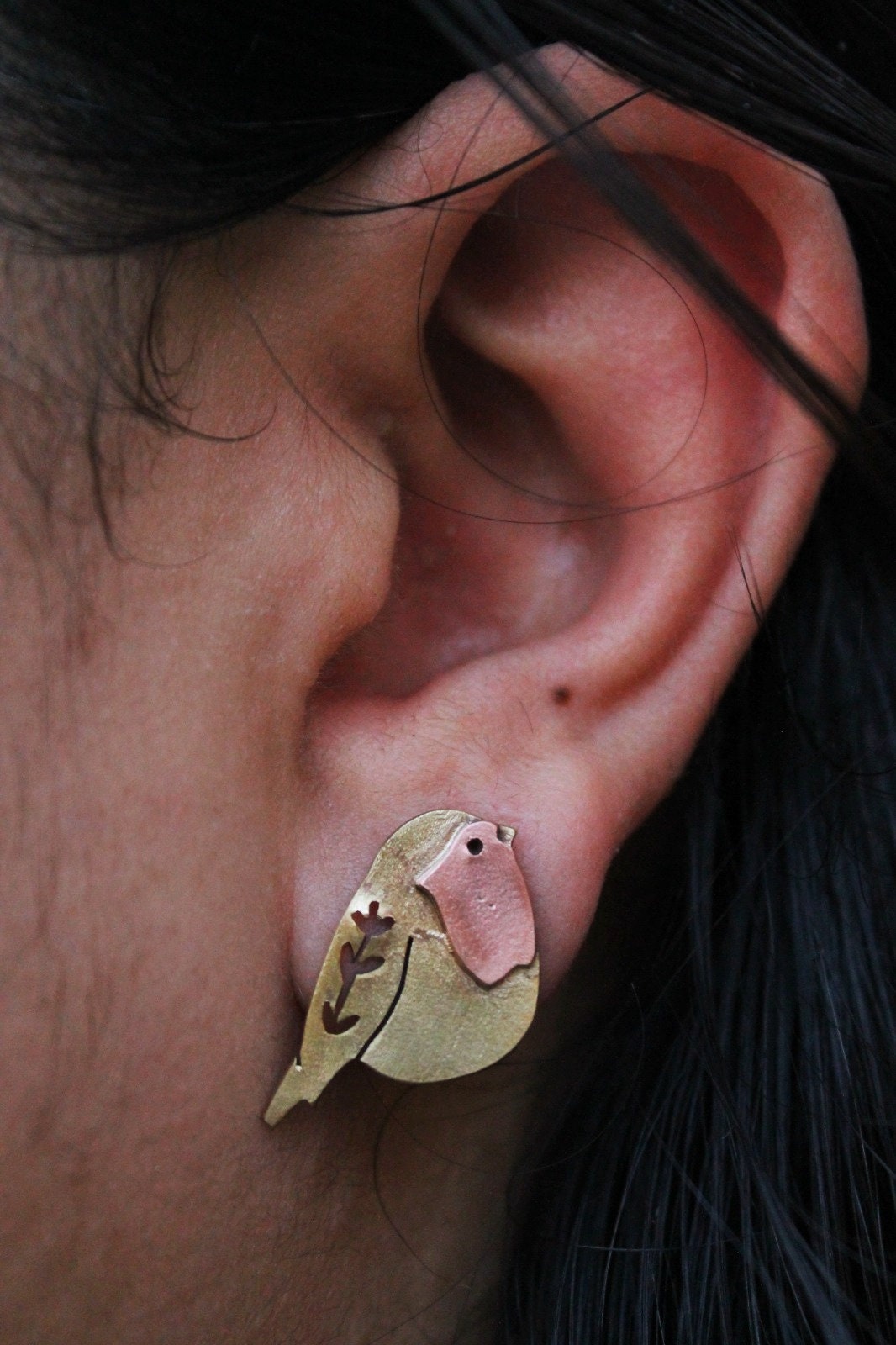 Robin Earrings, Brass and Copper Lobe Earrings, Bird Stud Earrings ...