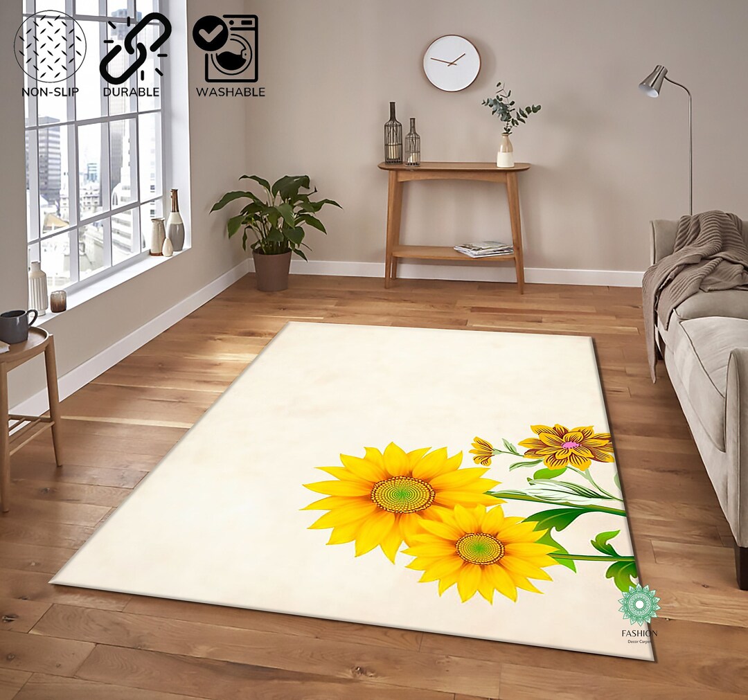 Yellow Daisy Patterned Rug Daisy Rugfloral Print Rugnatural - Etsy