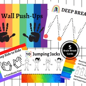 Brain Break Cards. Rainbow Theme. 5 Structured Fitness Posters for Kids ...