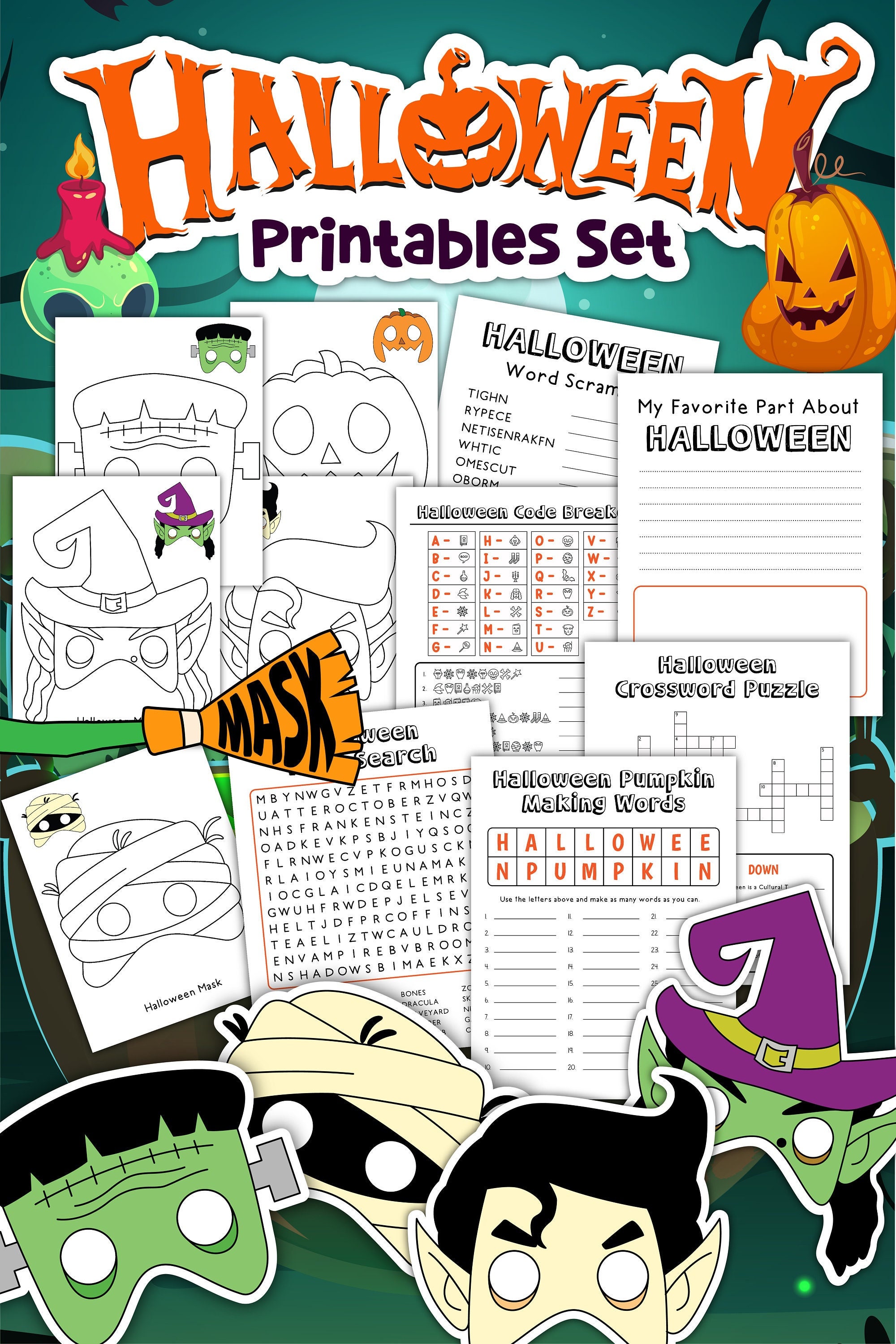 Halloween Worksheet Bundle. Word Scramble. Crossword Puzzle. Code ...