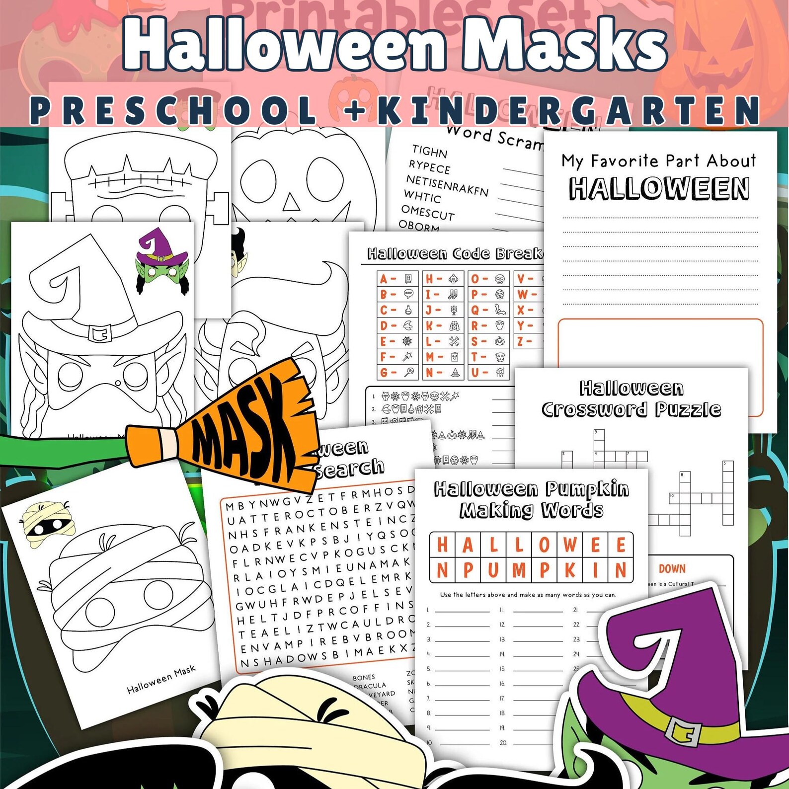 Halloween Worksheet Bundle. Word Scramble. Crossword Puzzle. Code ...
