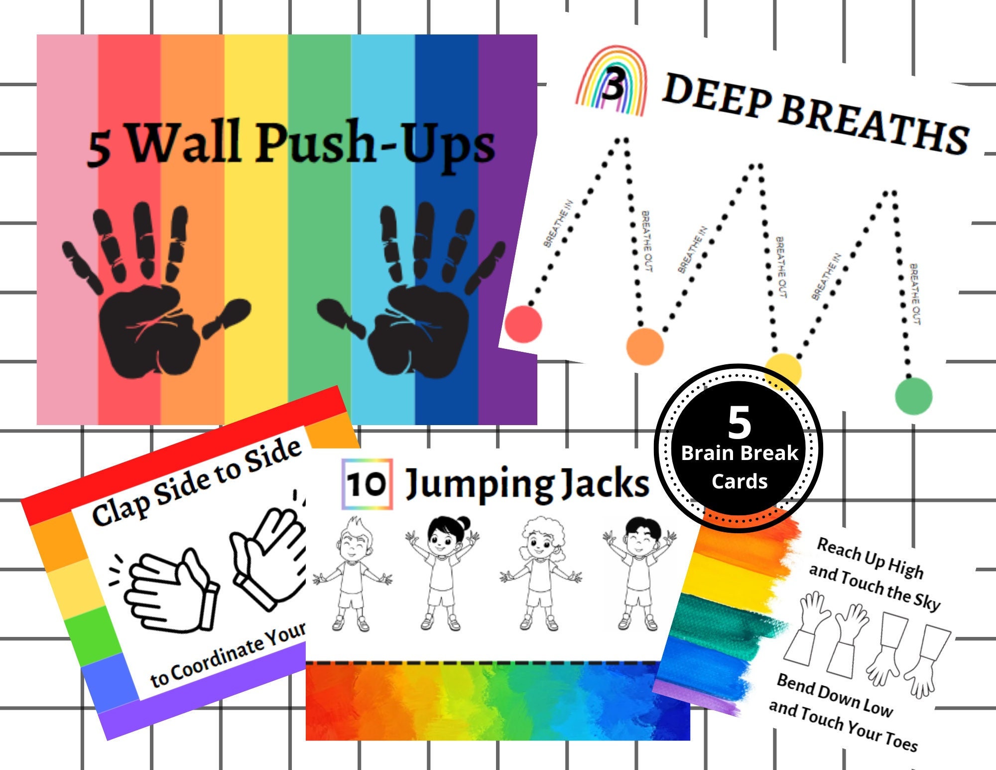 Brain Break Cards. Rainbow Theme. 5 Structured Fitness Posters for Kids ...