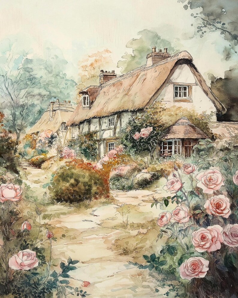 English Cottage Watercolor Print: Thatched Roof, Roses (digital ...