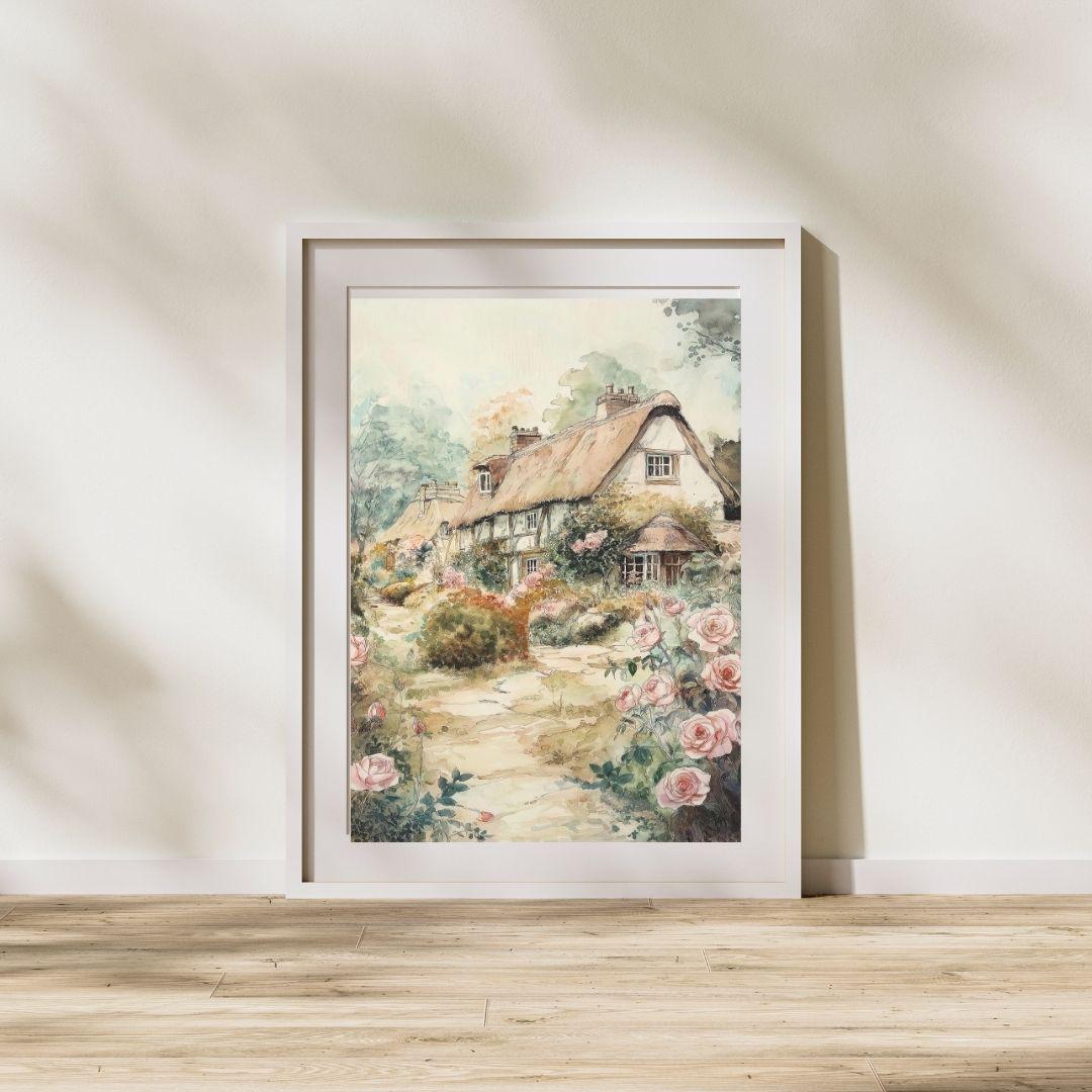 English Cottage Watercolor Print: Thatched Roof, Roses (digital ...