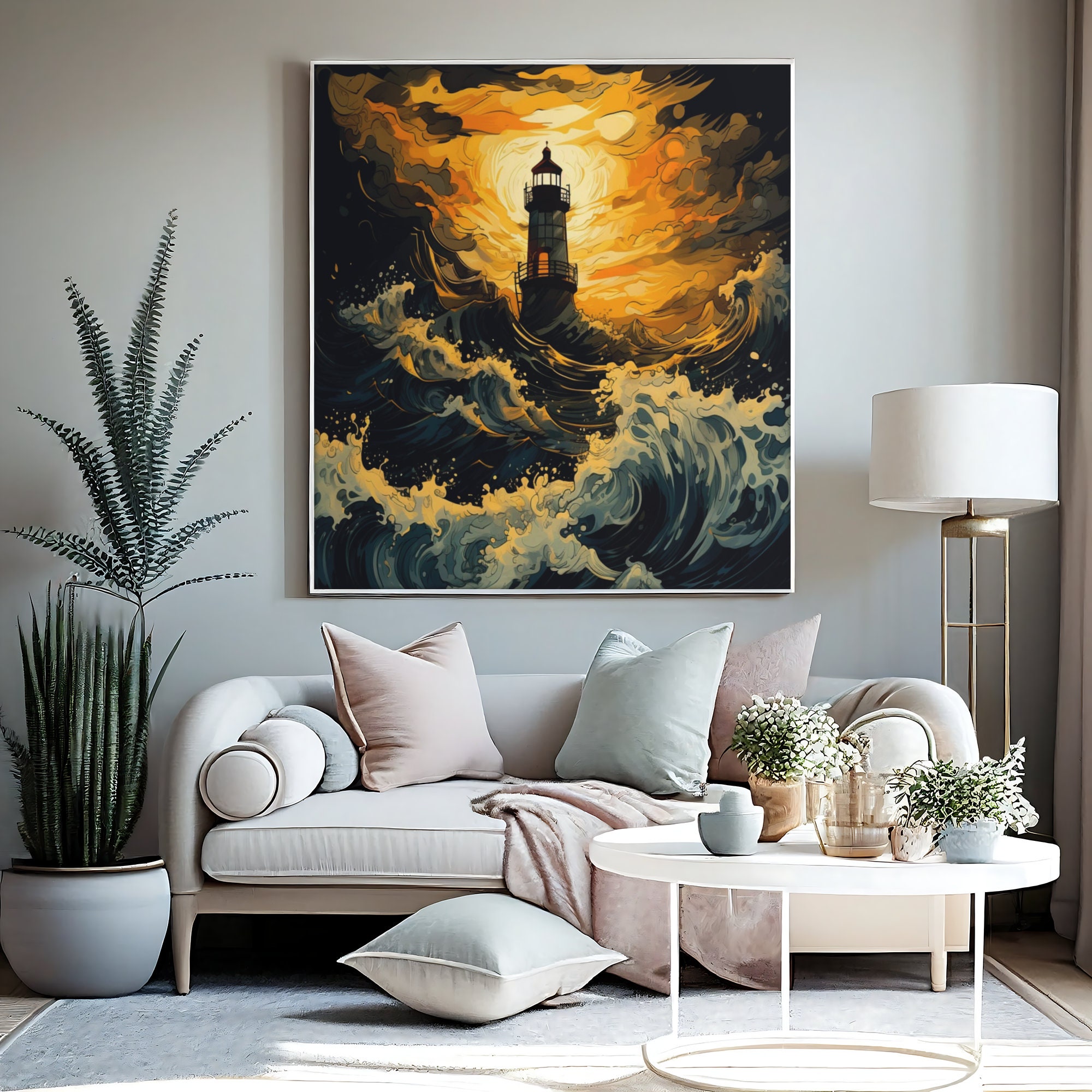 Stormy Lighthouse Art Print: Japanese Inspired Japandi Beacon (digital ...