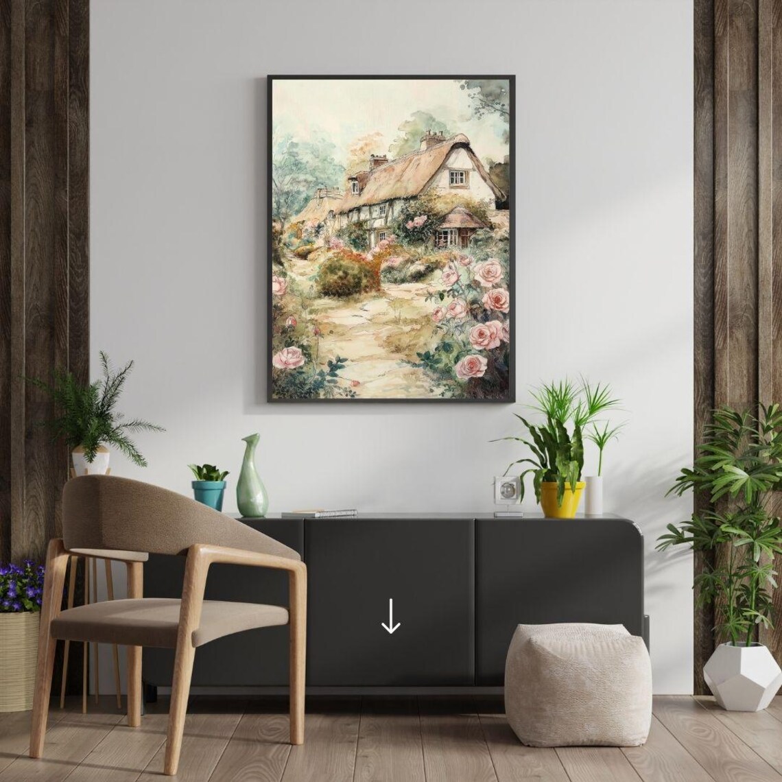 English Cottage Watercolor Print: Thatched Roof, Roses (digital ...