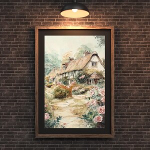English Cottage Watercolor Print: Thatched Roof, Roses (digital ...