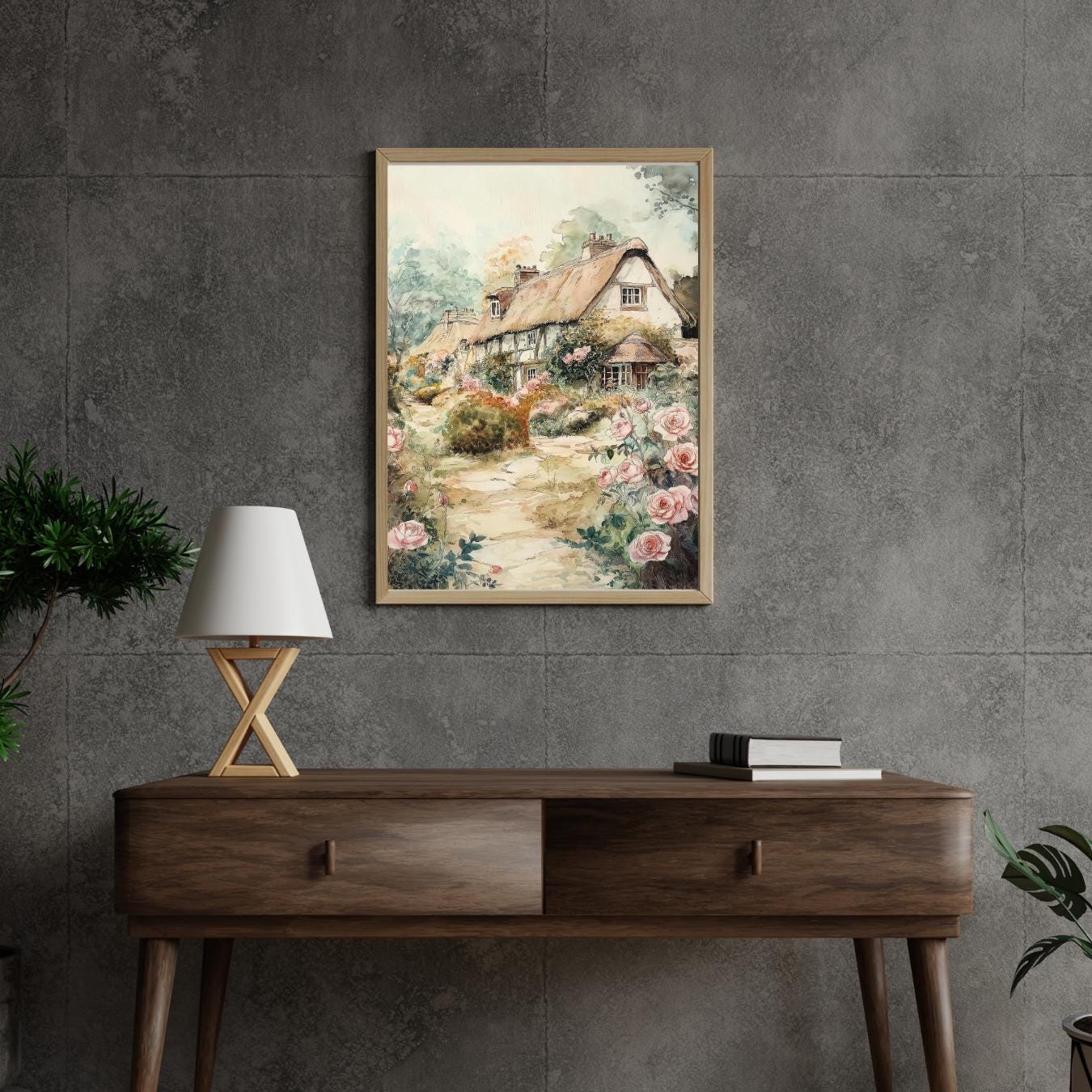 English Cottage Watercolor Print: Thatched Roof, Roses (digital ...