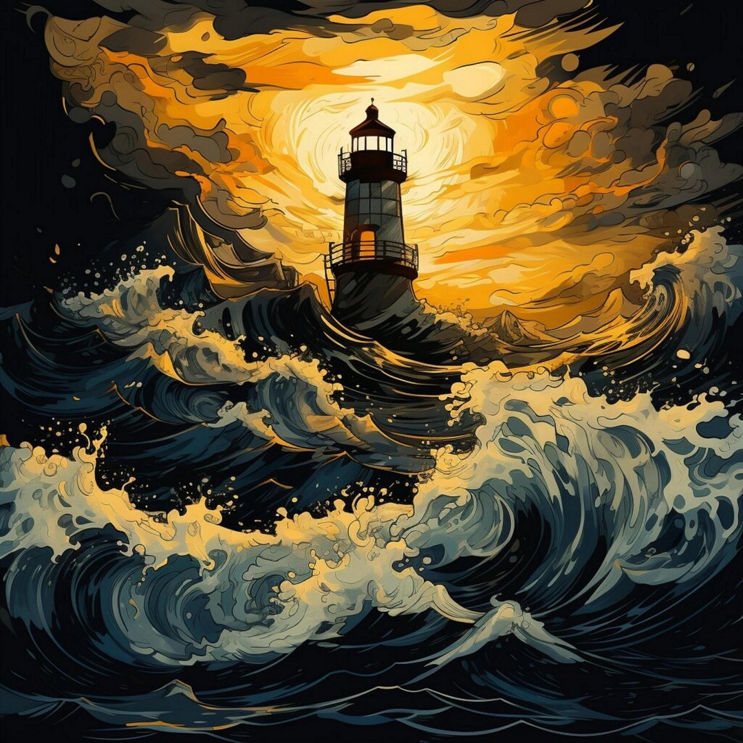 Stormy Lighthouse Art Print: Japanese Inspired Japandi Beacon (digital ...