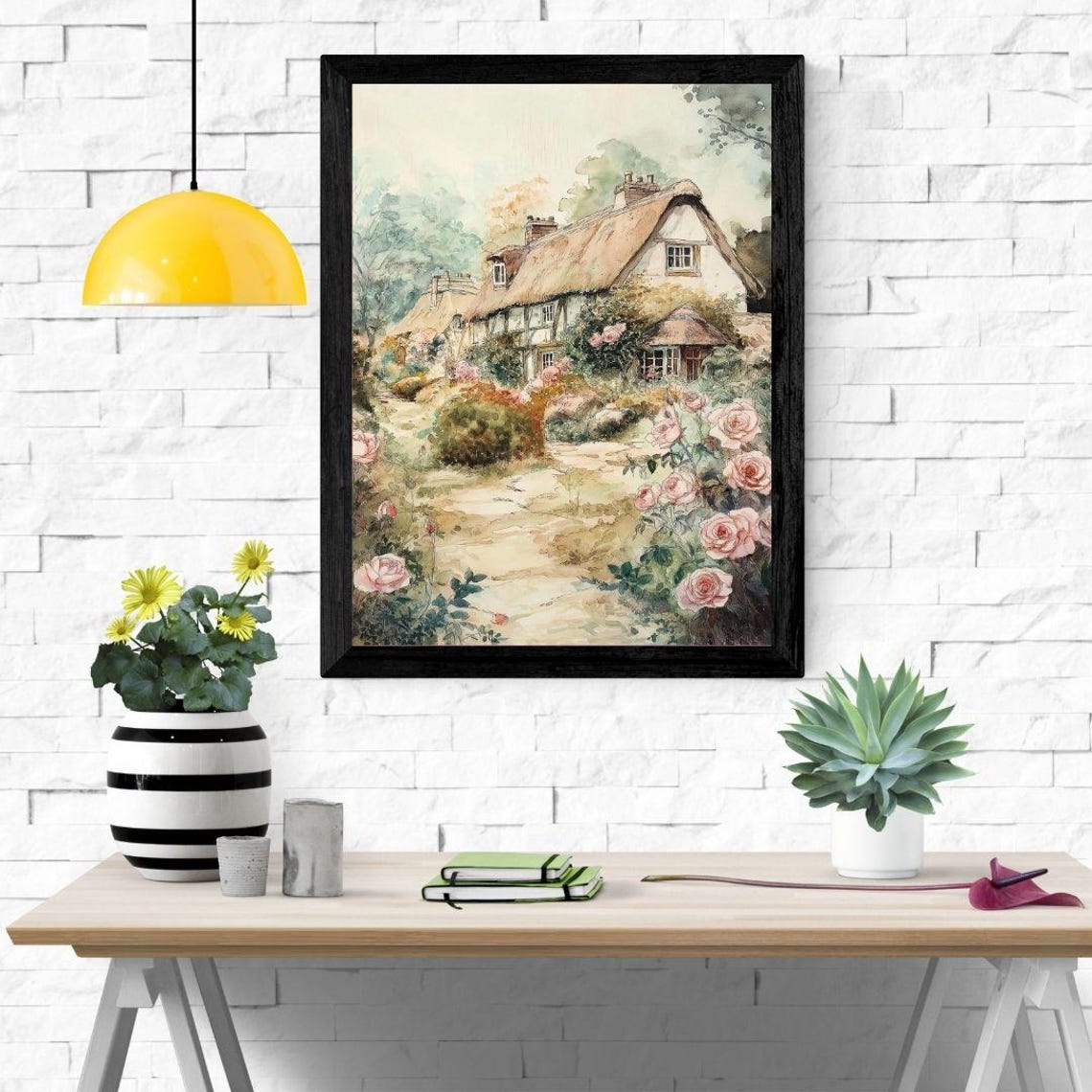English Cottage Watercolor Print: Thatched Roof, Roses (digital ...