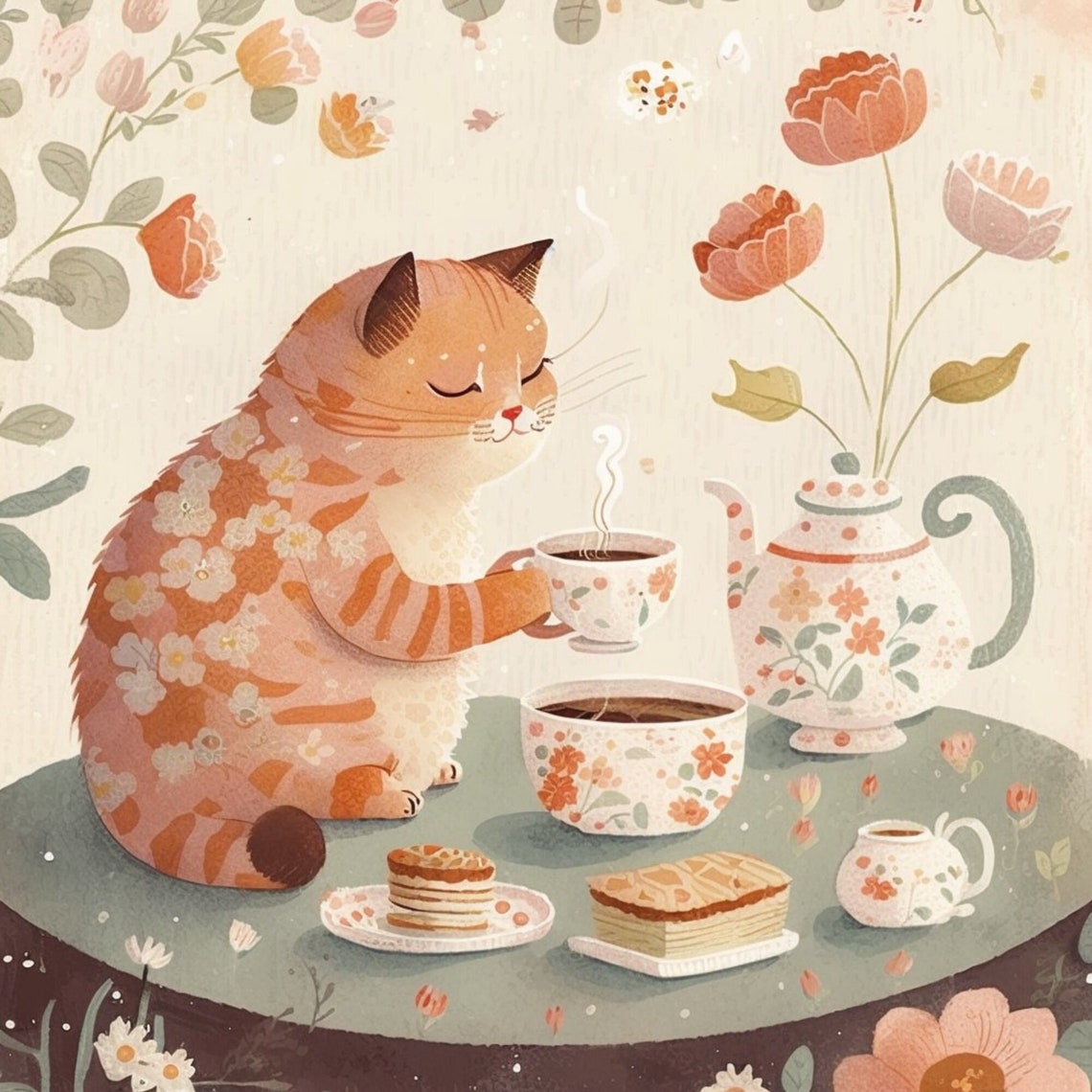 Cute Cat in Teashop Plump Cat Teashop Mei Ling Style Art Teatime for ...