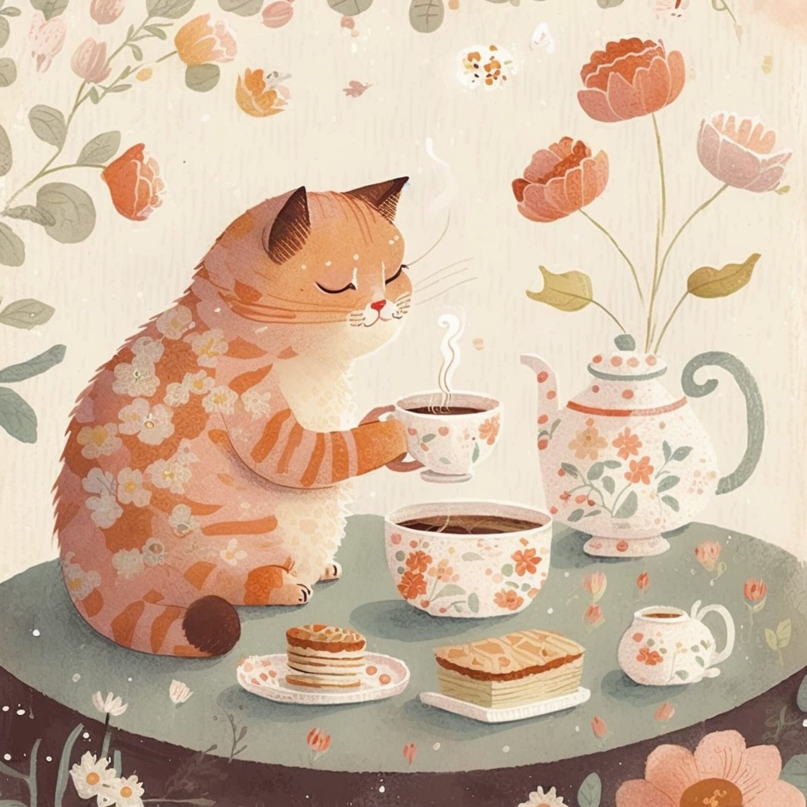 Cute Cat in Teashop Plump Cat Teashop Mei Ling Style Art Teatime for ...