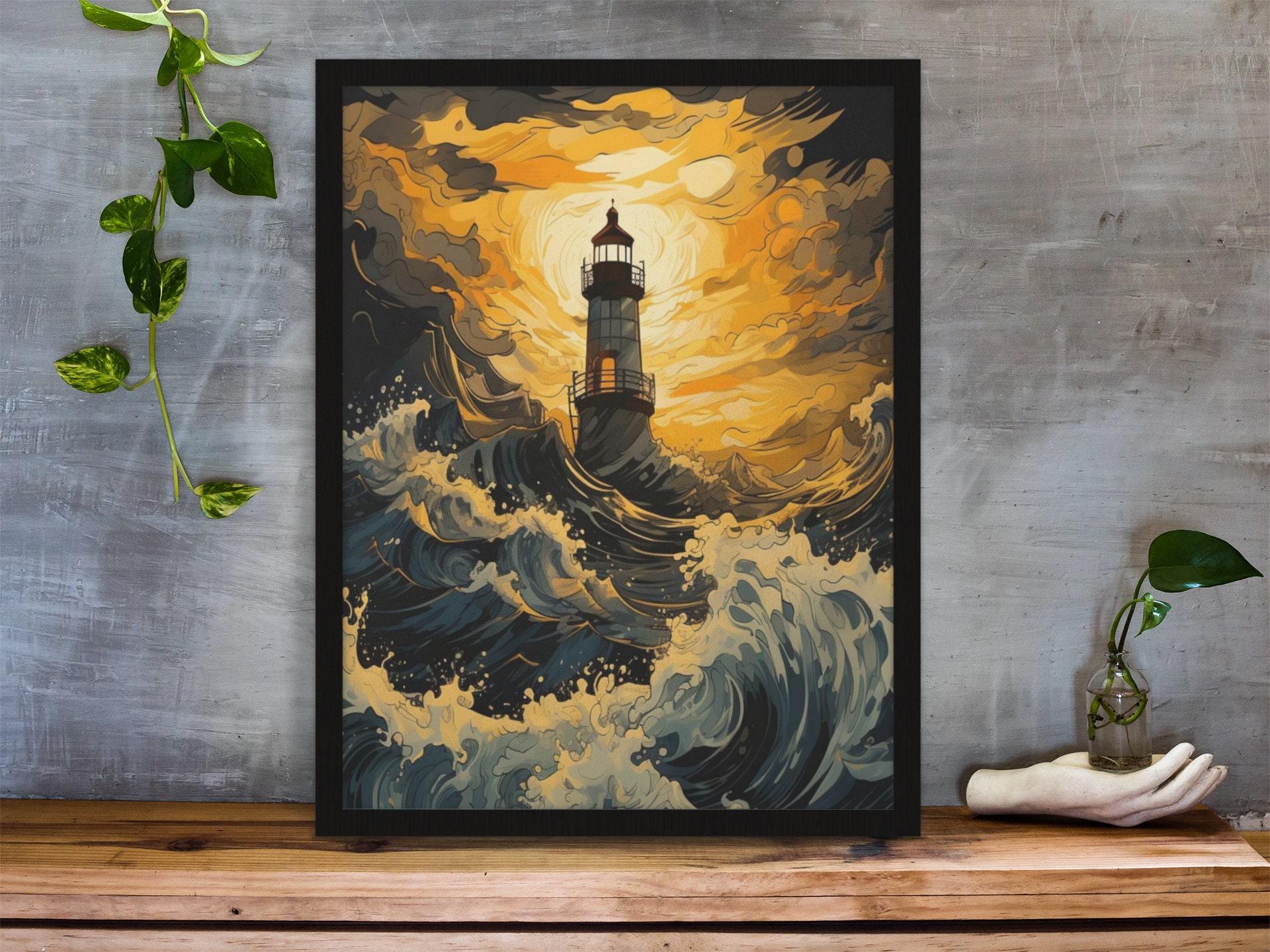 Stormy Lighthouse Art Print: Japanese Inspired Japandi Beacon (digital ...