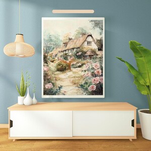 English Cottage Watercolor Print: Thatched Roof, Roses (digital ...