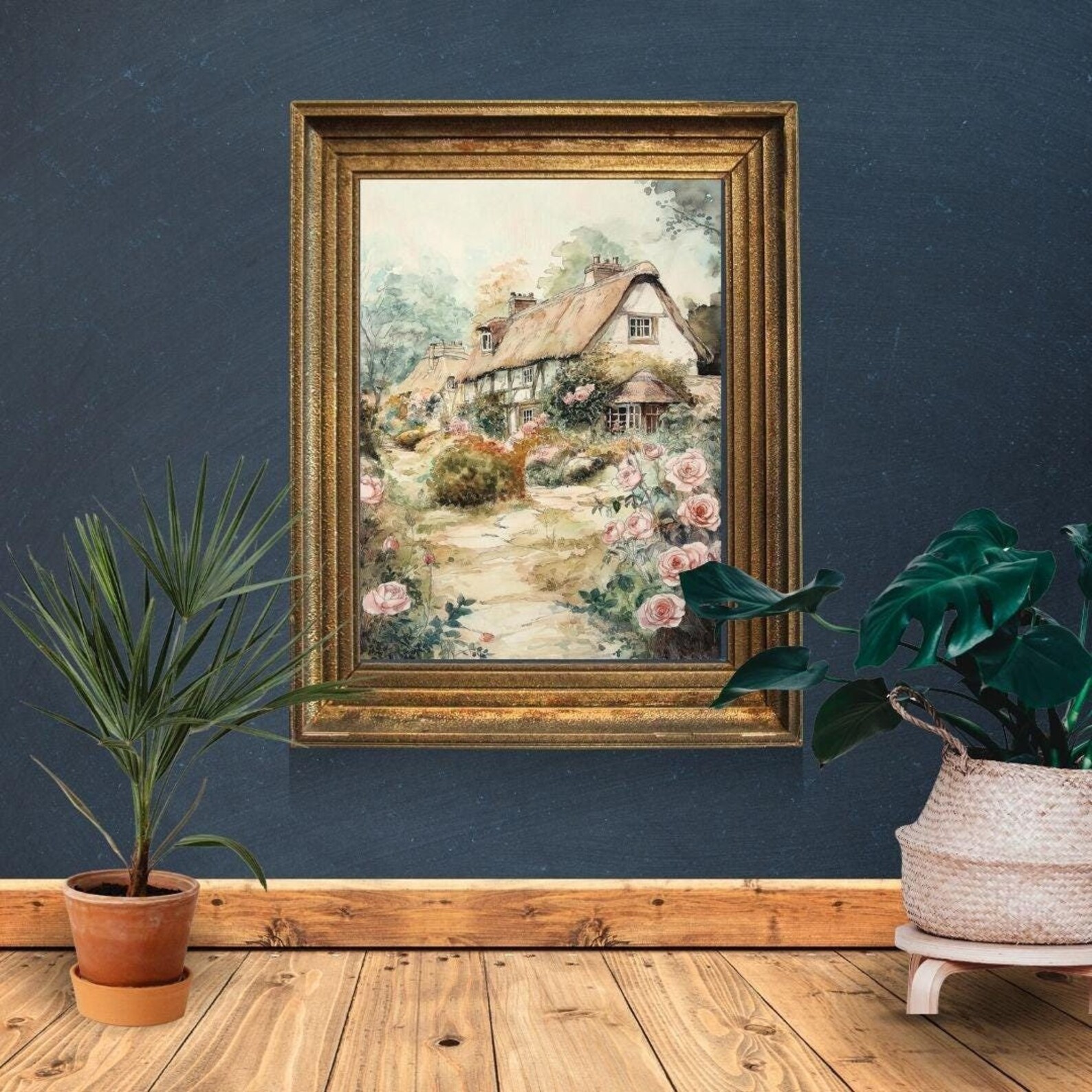 English Cottage Watercolor Print: Thatched Roof, Roses (digital ...